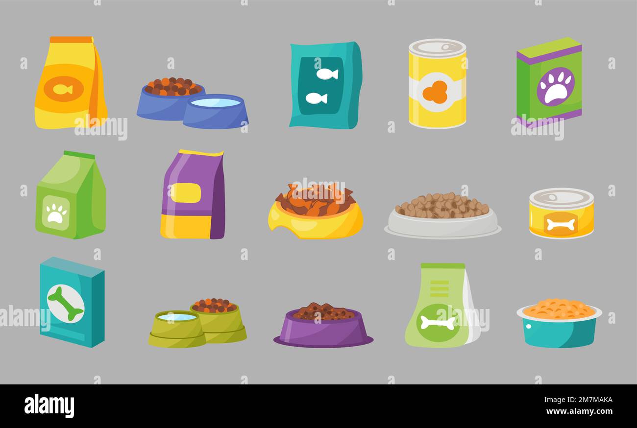 Cat and dog food vector. Feeding colorful plate. Bowl with food for ...