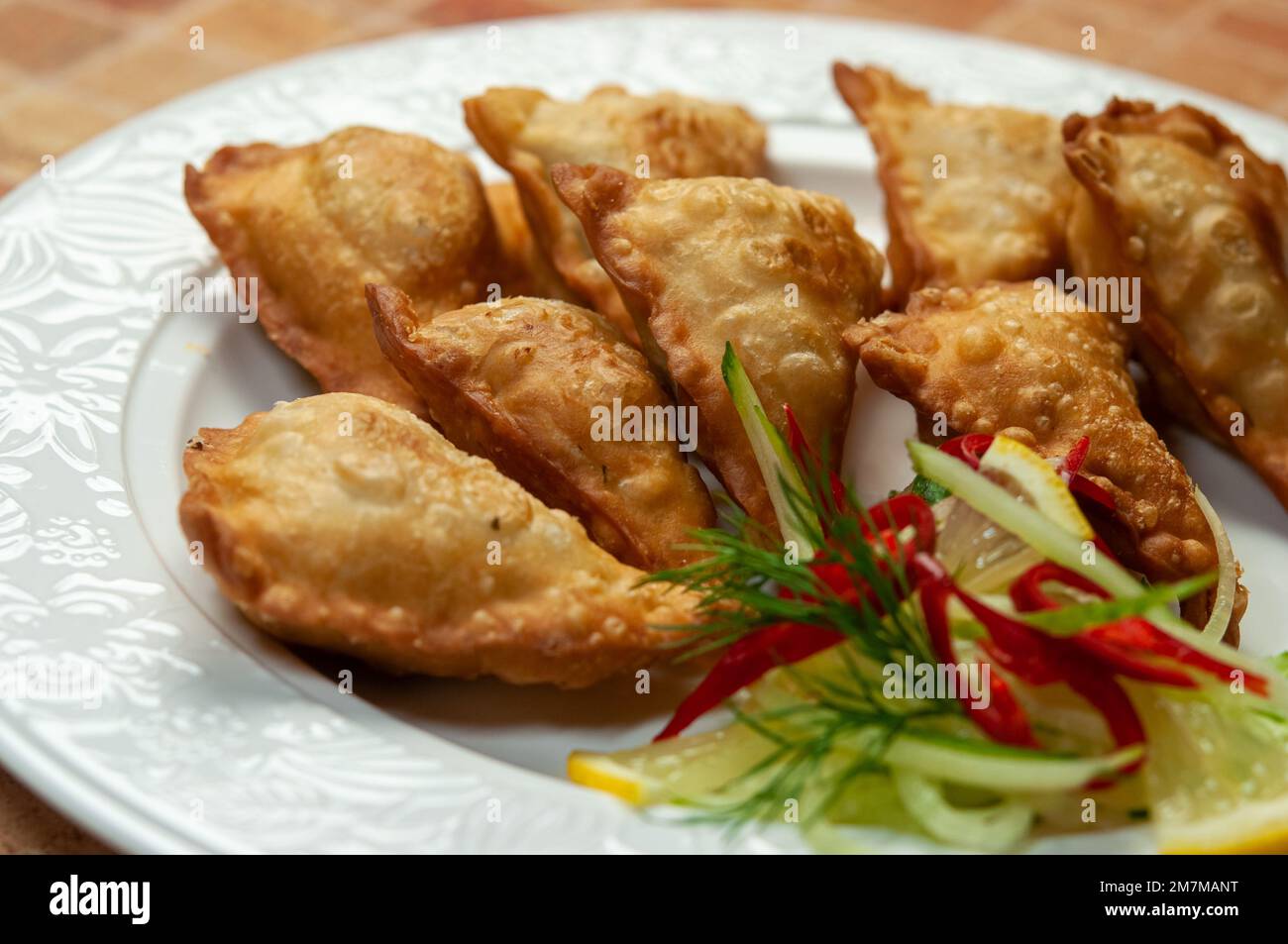 Asian fried dumplings on white dish. Fried dumplings gyoza with soy ...