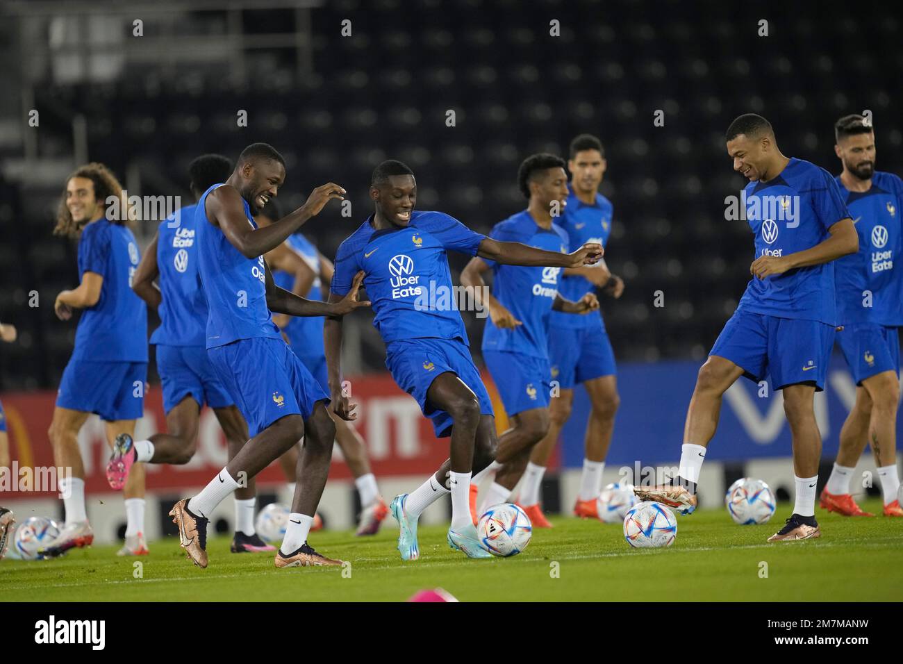 From left, France's Matteo Guendouzi, Marcus Thuram, Randal Kolo Muani, Kingsley Coman, Raphael ...