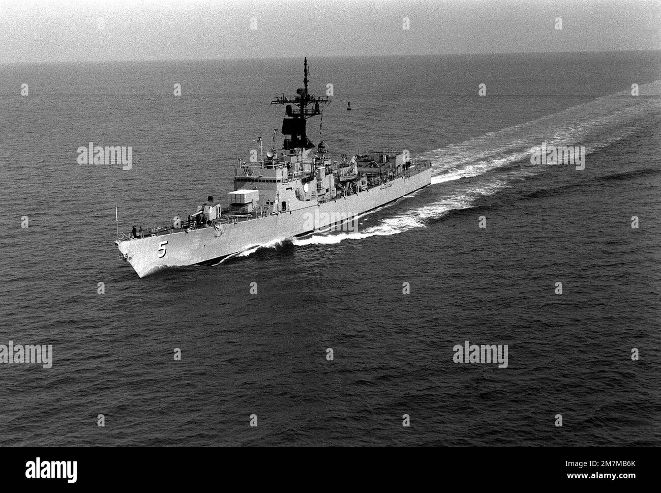 Aerial port bow view of the Brooke class guided missile frigate USS ...