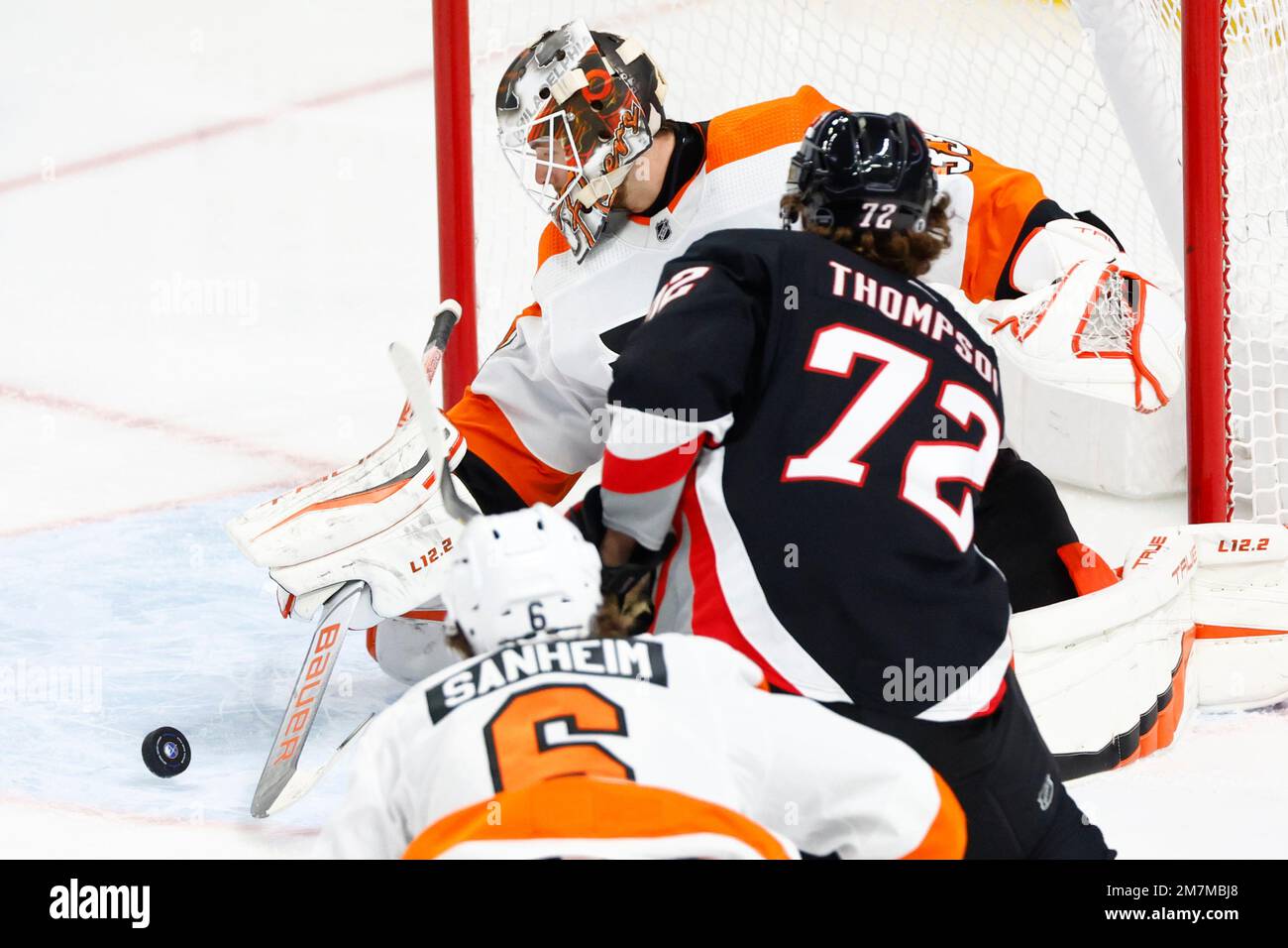 Philadelphia Flyers goaltender Samuel Ersson (33) stops Buffalo Sabres ...