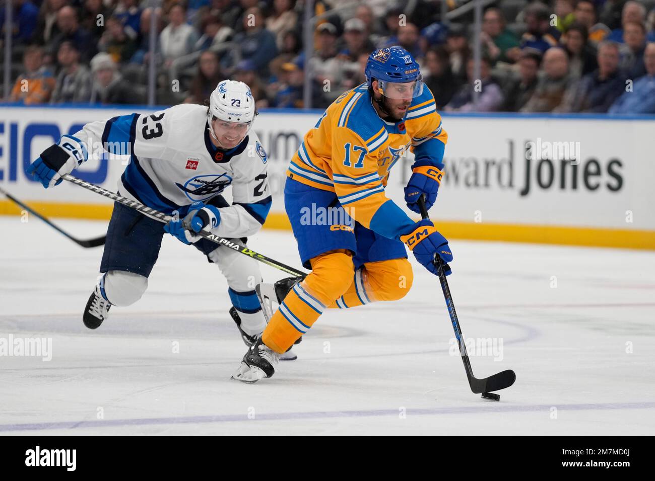 St. Louis Blues' Josh Leivo (17) brings the puck down the ice as ...
