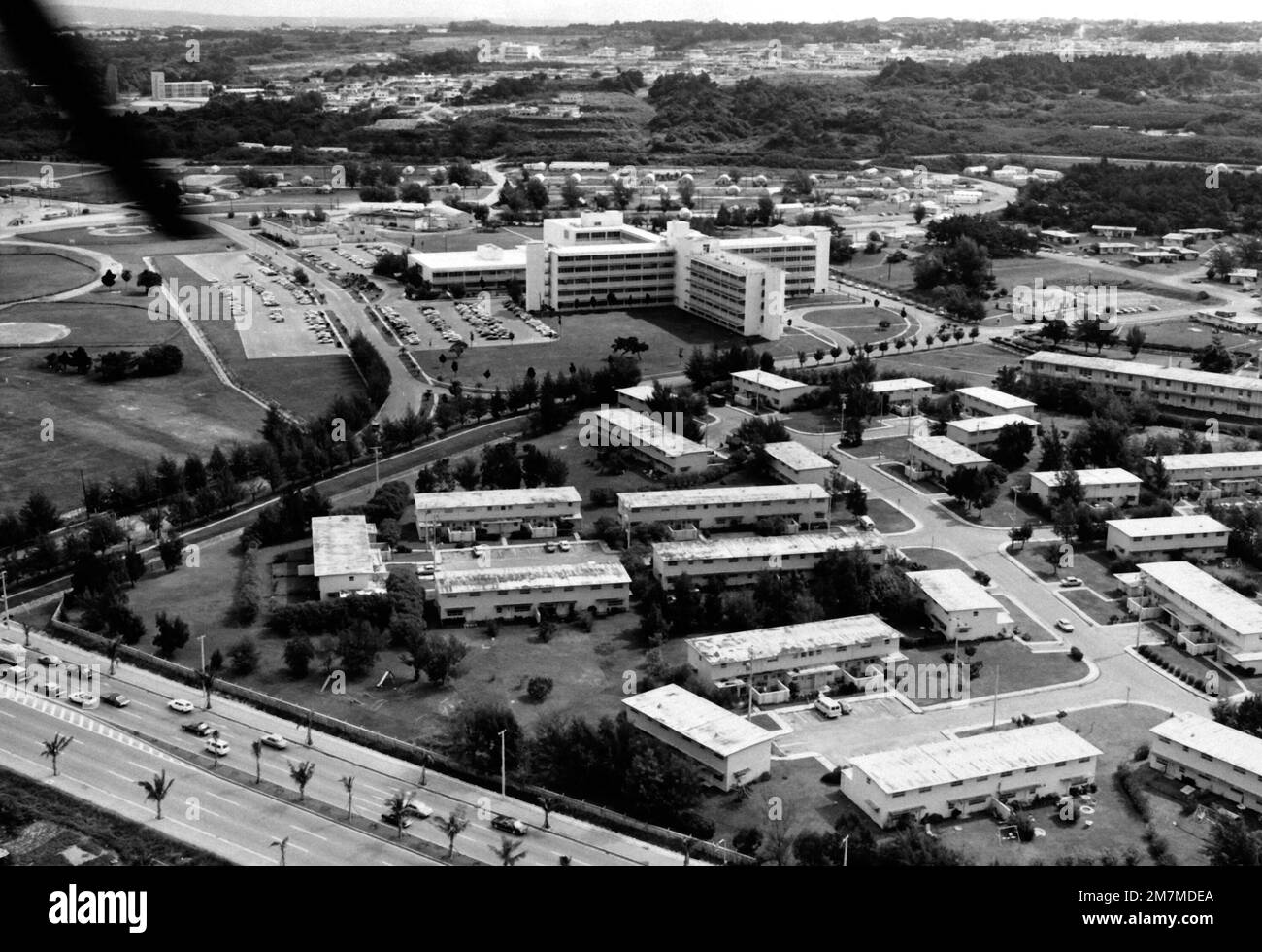 An aerial view of the south side of the U.S. Army Hospital, Camp Kuwae ...