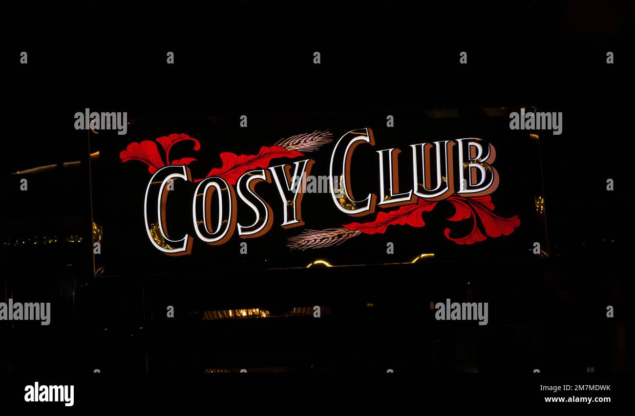 Cosy Club sign over doorway at night, Lincoln 2022 Stock Photo - Alamy