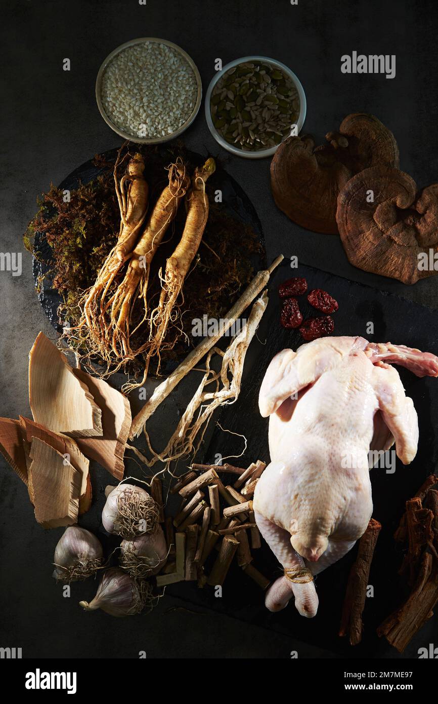 , fresh raw chicken and herbal medicines Stock Photo - Alamy