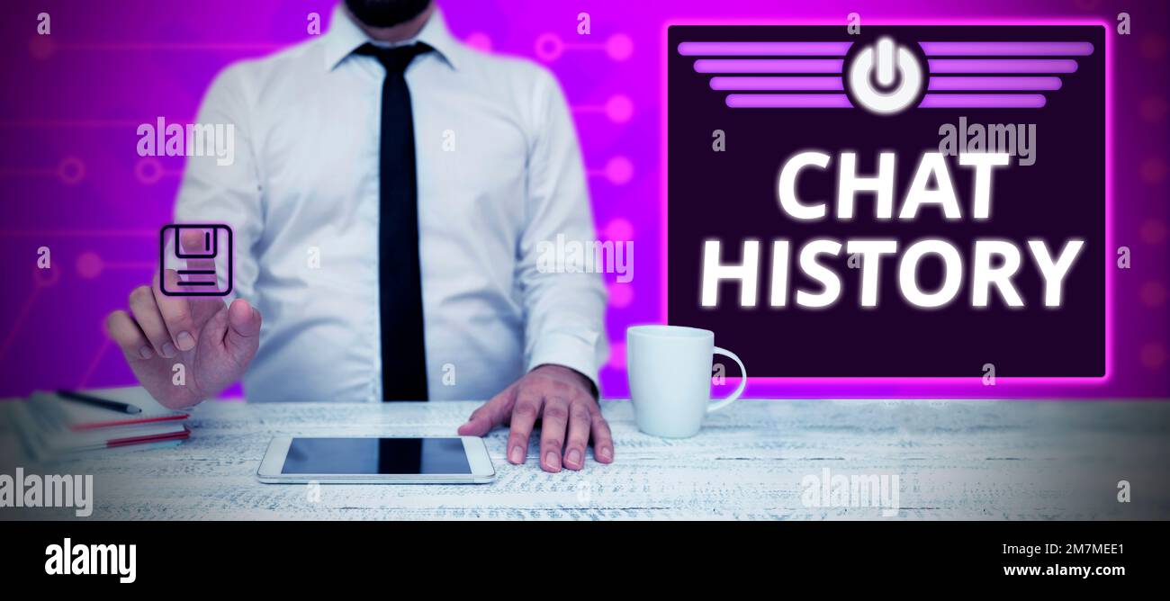 Hand writing sign Chat History, Word Written on archive of transcripts ...