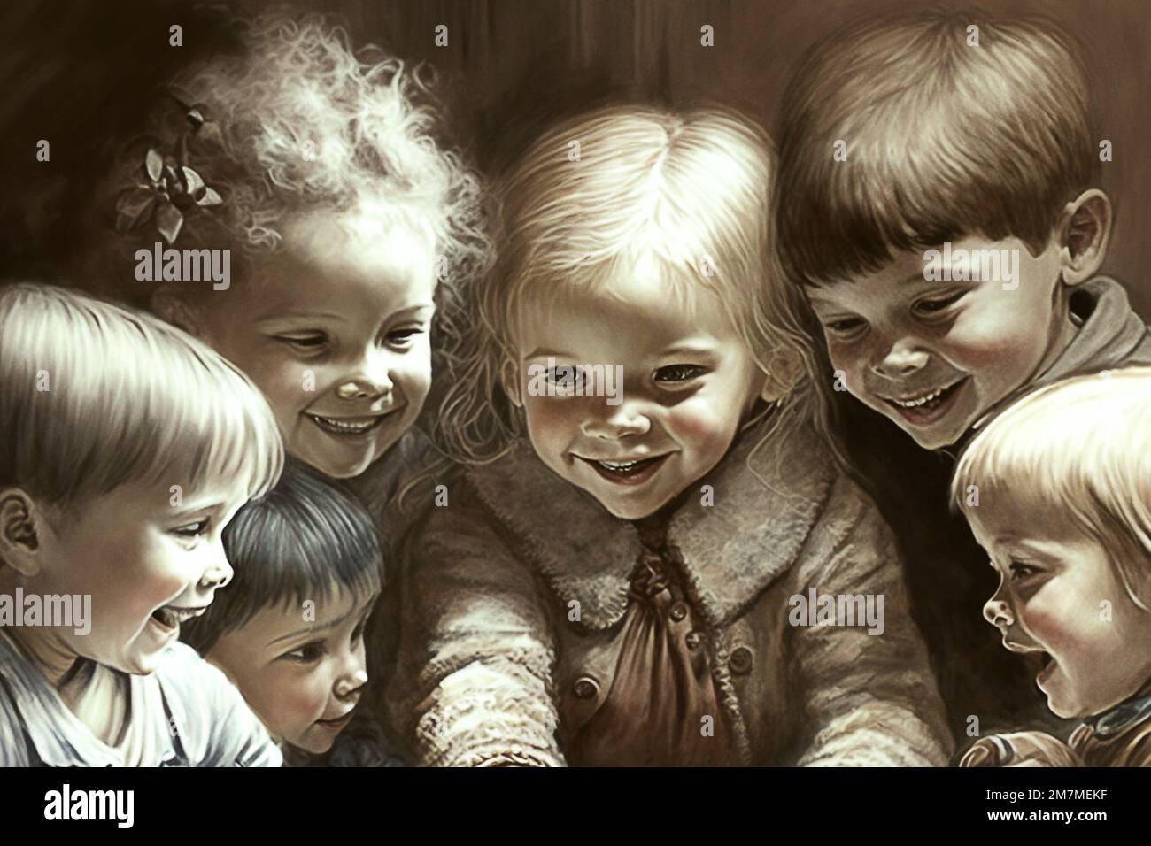 Drawing of a group of fictional children who are huddled and laughing ...