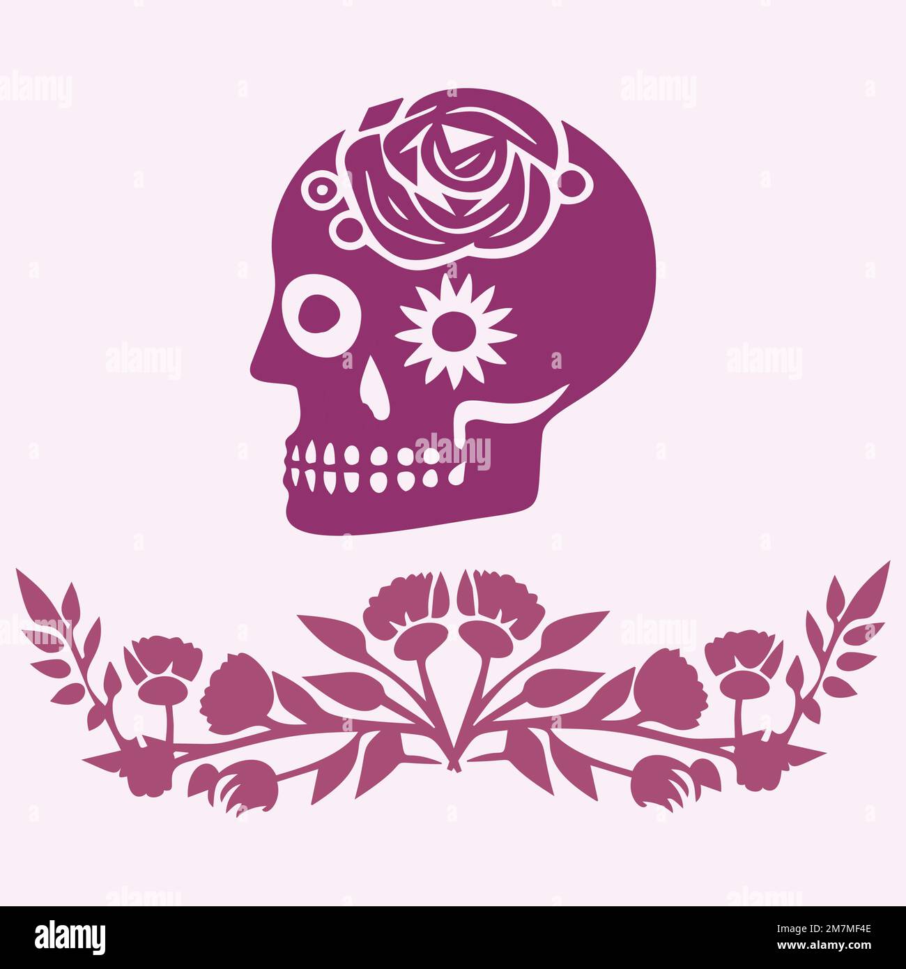 Floral skull tattoo low brow illustration. Vector gothic skeleton ink ...