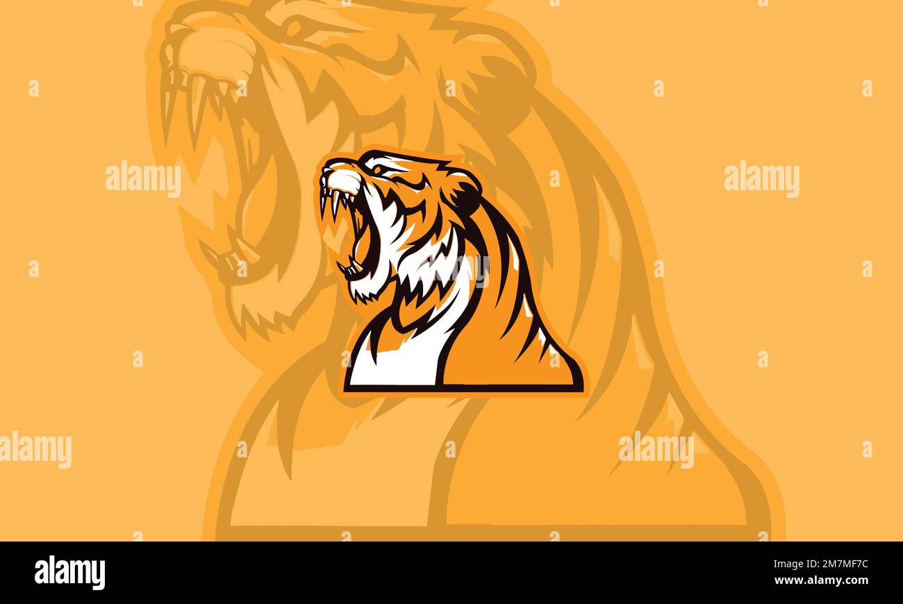 An illustration of a orange black striped Lion head mascot on a bright ...