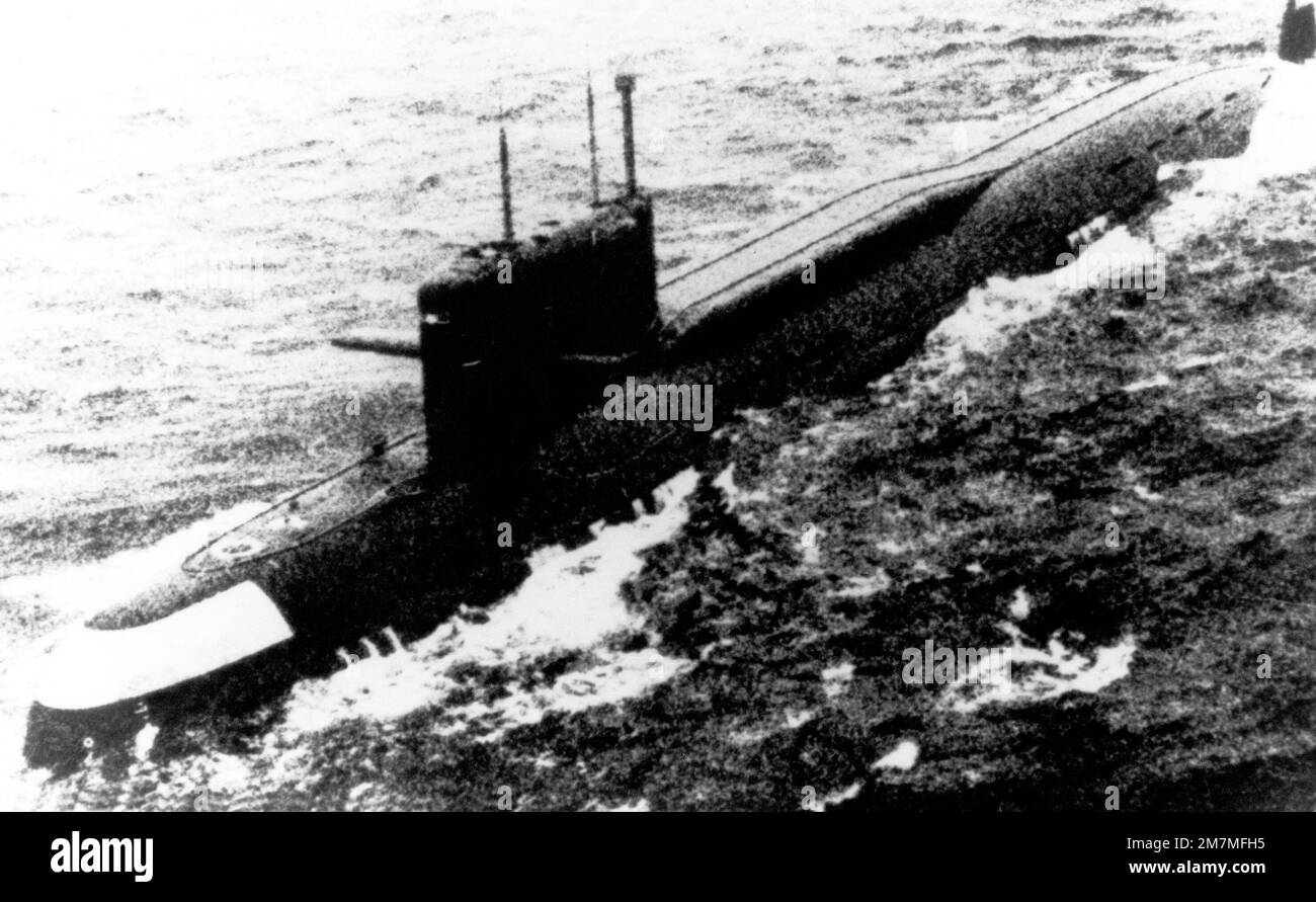 A port bow view of a Soviet Yankee class ballistic missile submarine ...
