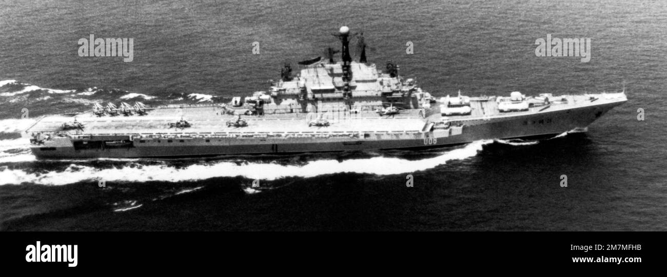 A port beam view of a Soviet Moskva class helicopter cruiser underway ...