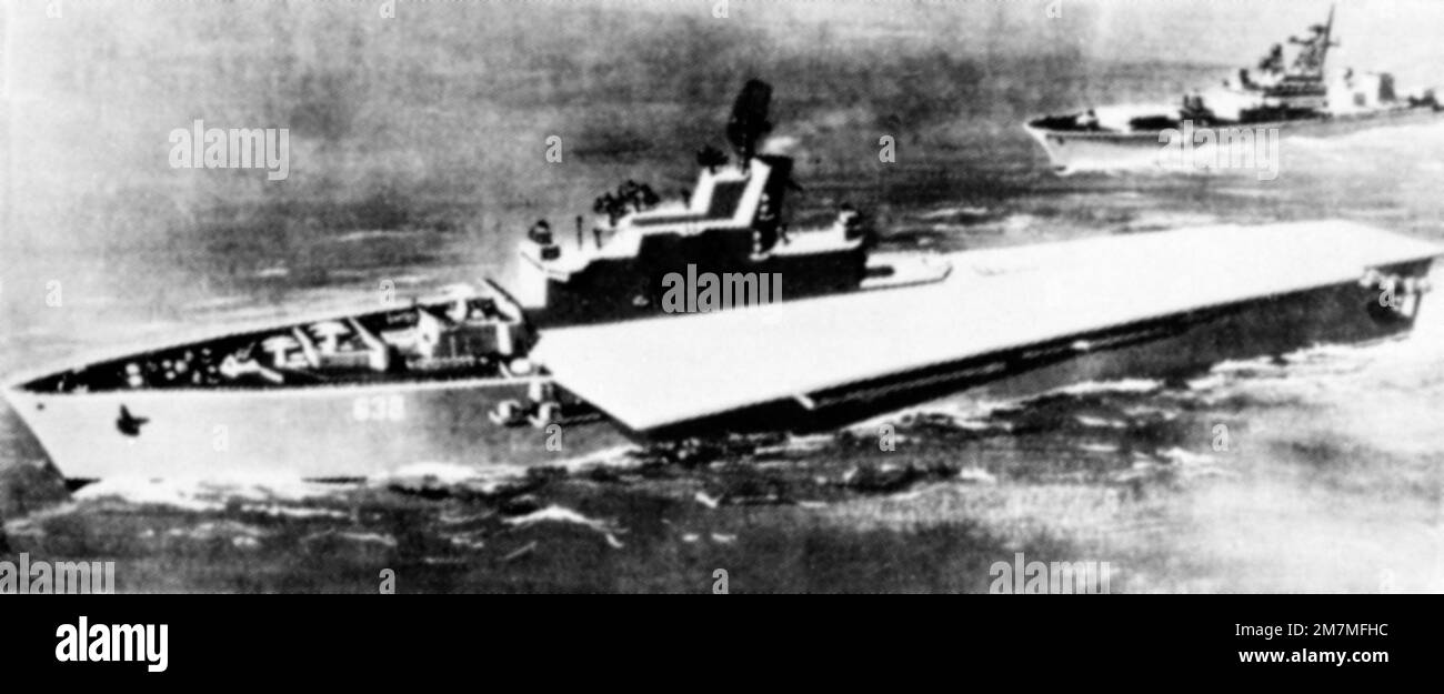 A port bow view of a Soviet Kiev class aircraft carrier underway ...
