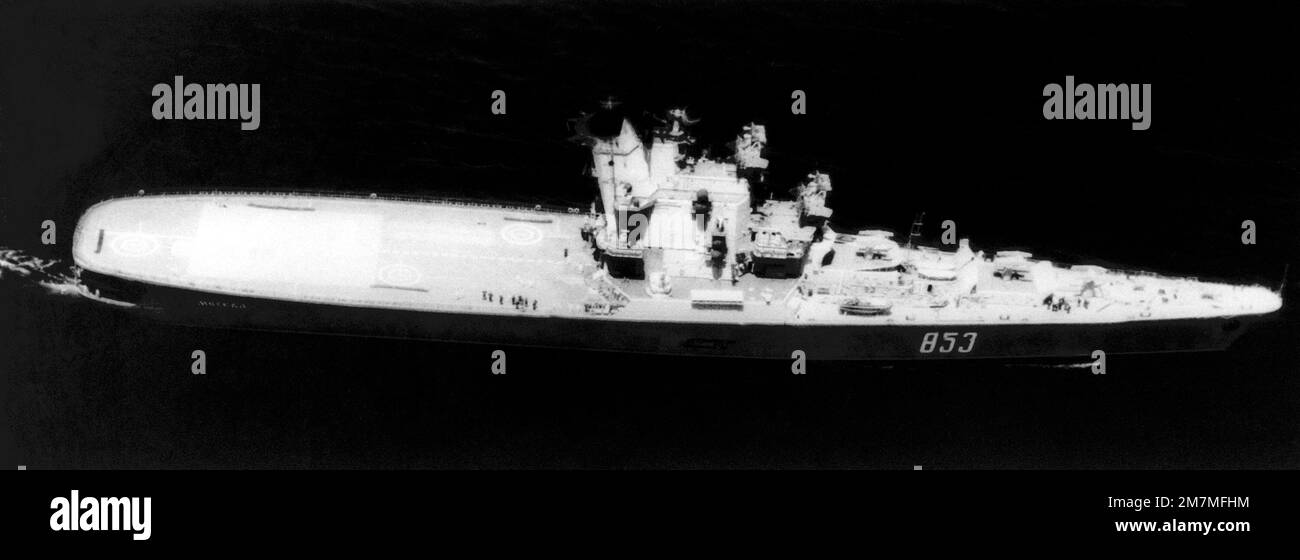 An aerial starboard beam view of a Soviet Moskva class helicopter ...