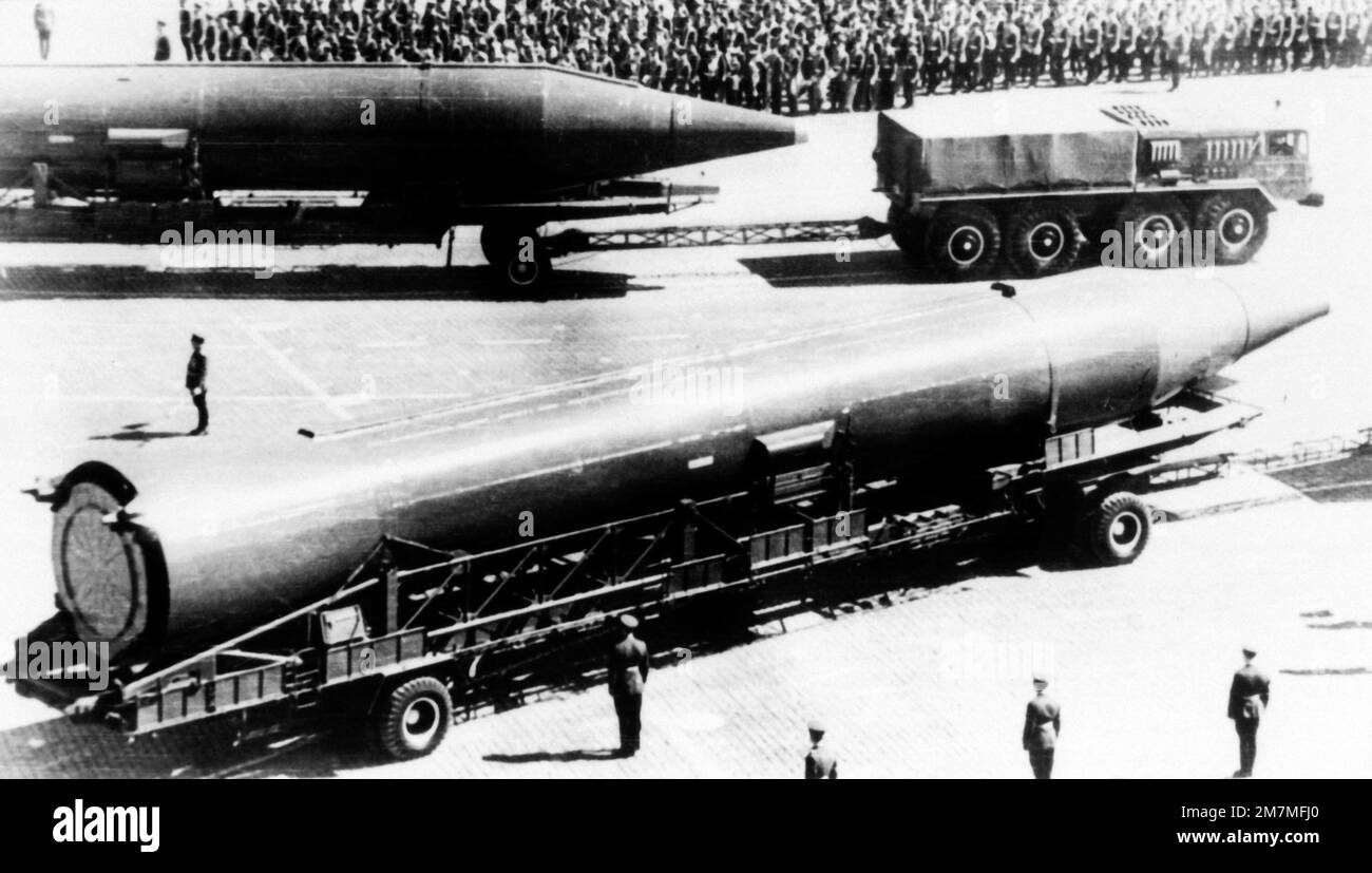 A right side view of two vehicle-mounted Soviet SS-5 Skean intermediate ...