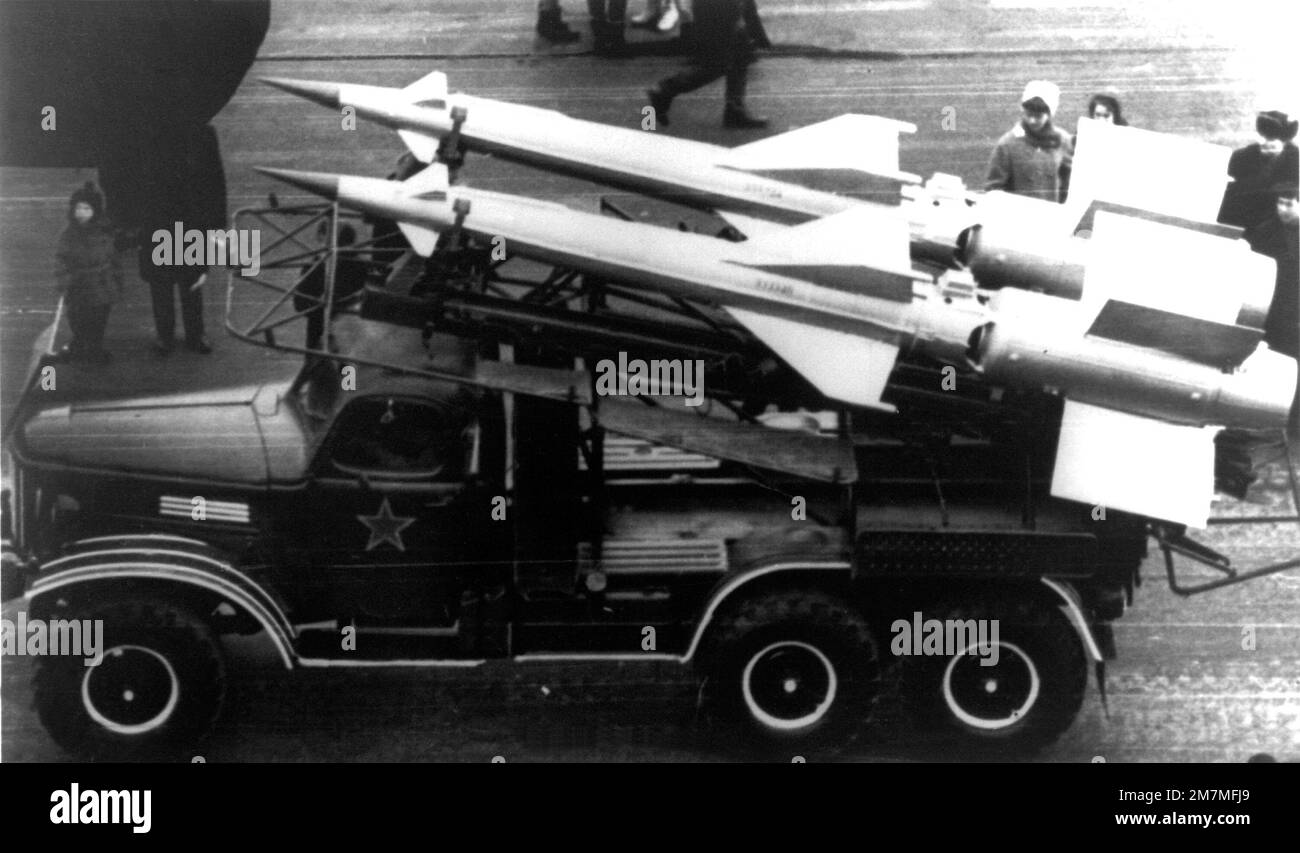 A left side view of two vehicle-mounted Soviet SA-3 Goa surface-to-air ...