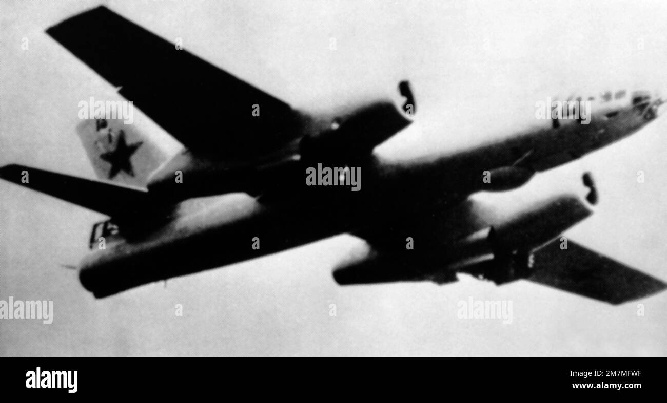 A right front underside view of a Soviet II-28 Beagle bomber aircraft ...