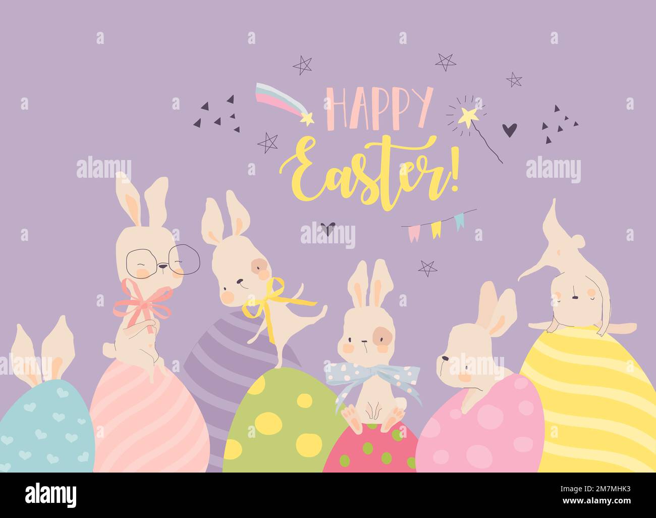 Happy Easter Greeting Card with Cute White Bunnies and Eggs Stock ...