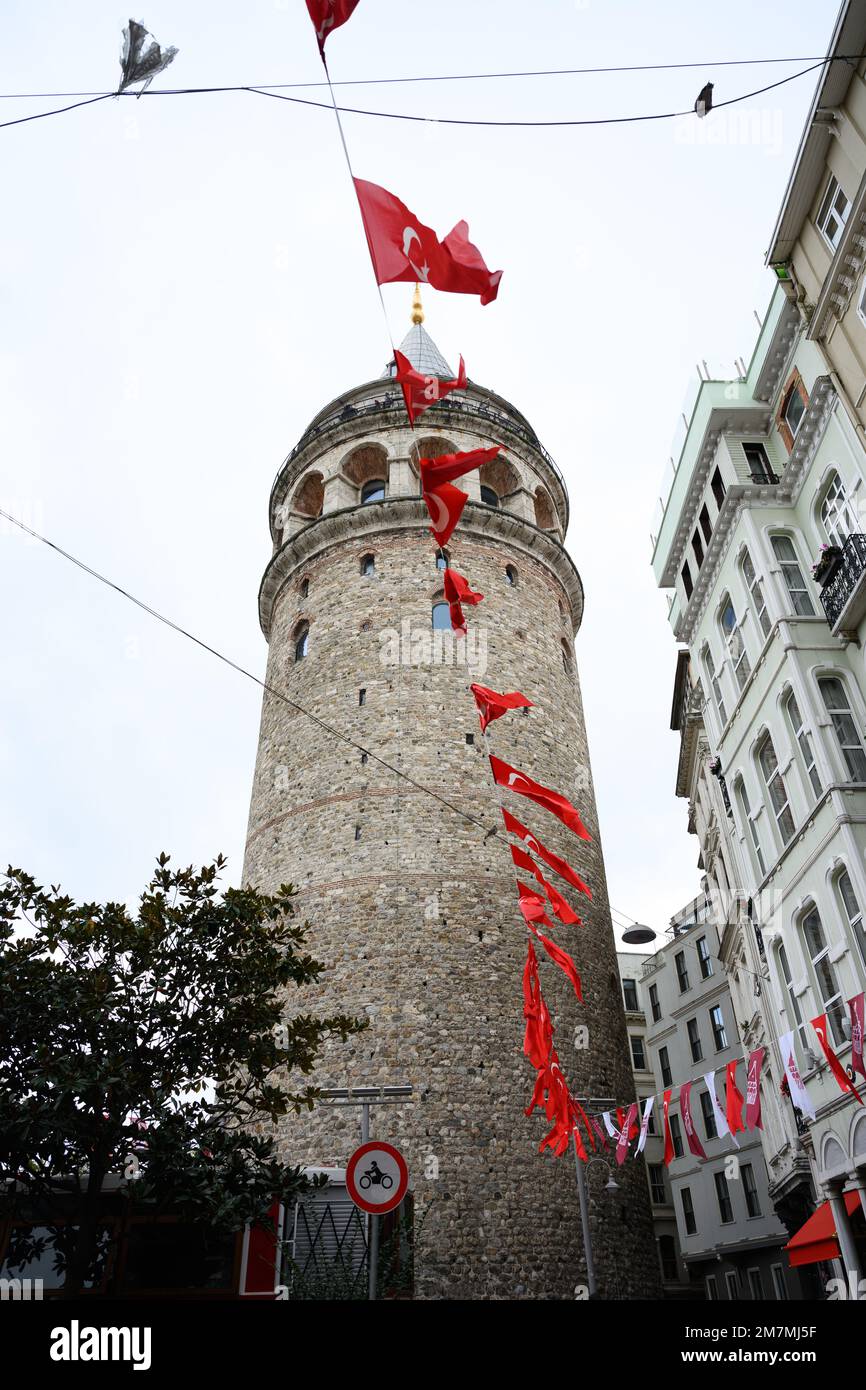 (Selective focus, focus on the Tower) Blurred Turkish National Flags in ...
