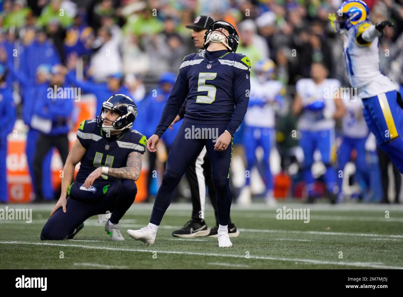 Seattle Seahawks place kicker Jason Myers (5) reacts to missing a field ...