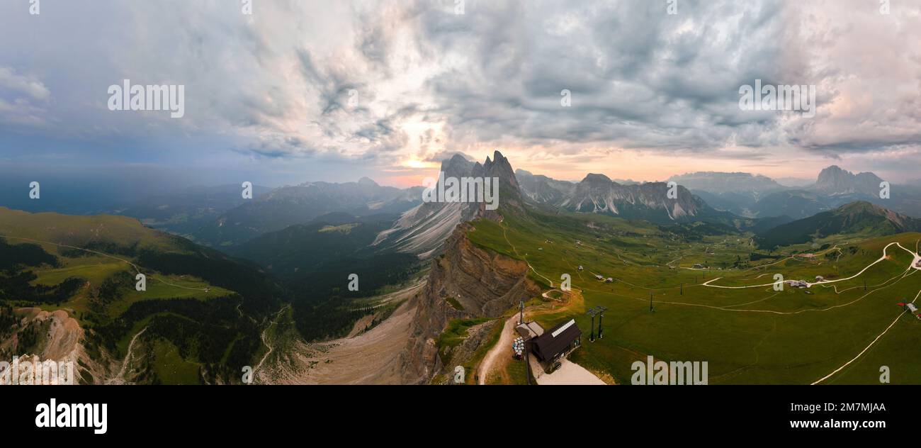 Stunning panoramic view of the Seceda ridge during a cloudy day. The ...