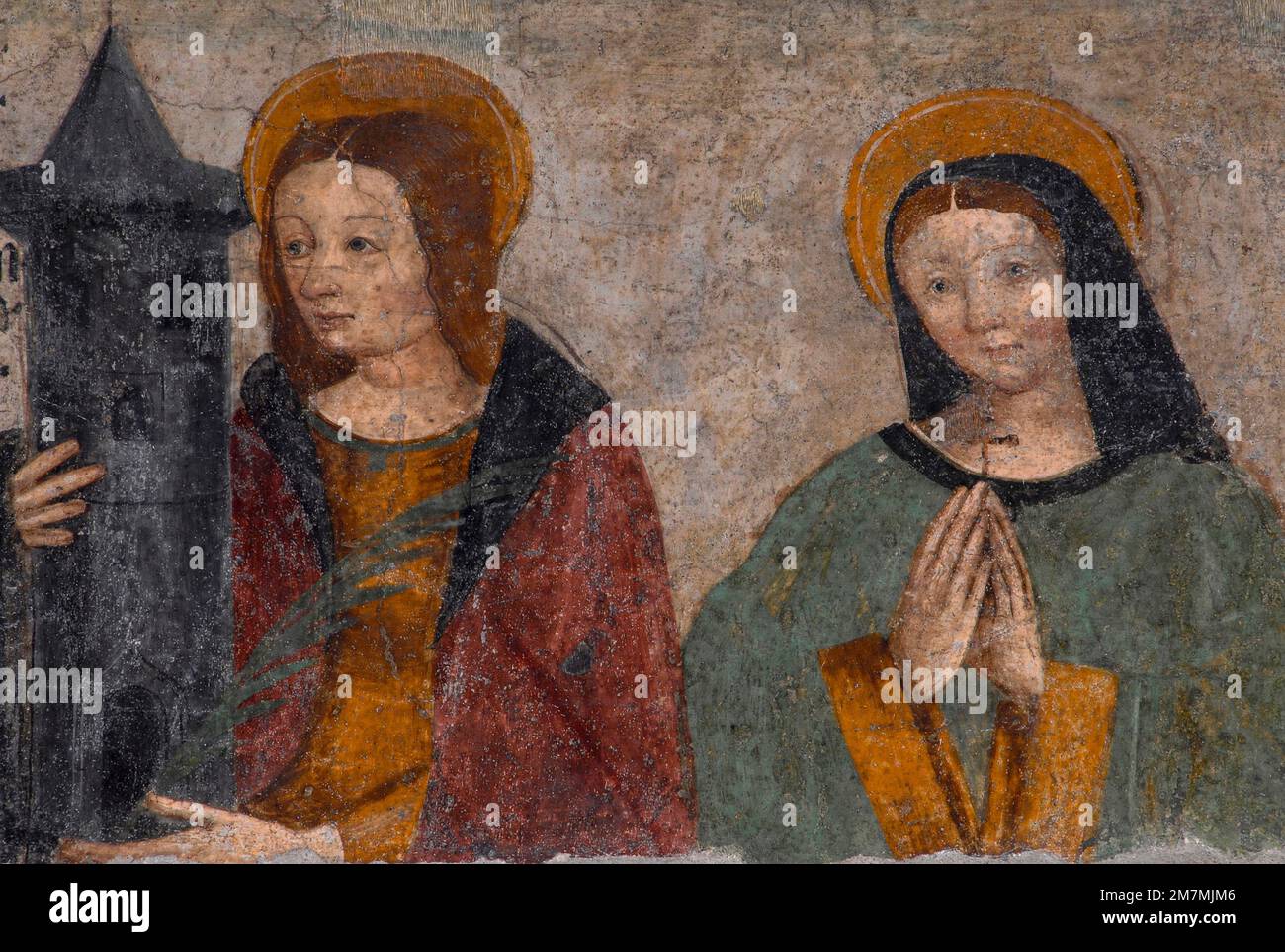 Saint Barbara (left) and Saint Margaret of Cortona. Fresco painted in ...