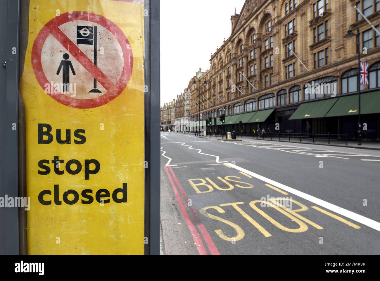 London, England, UK. Bus Stop Closed opposite Harrods department store ...