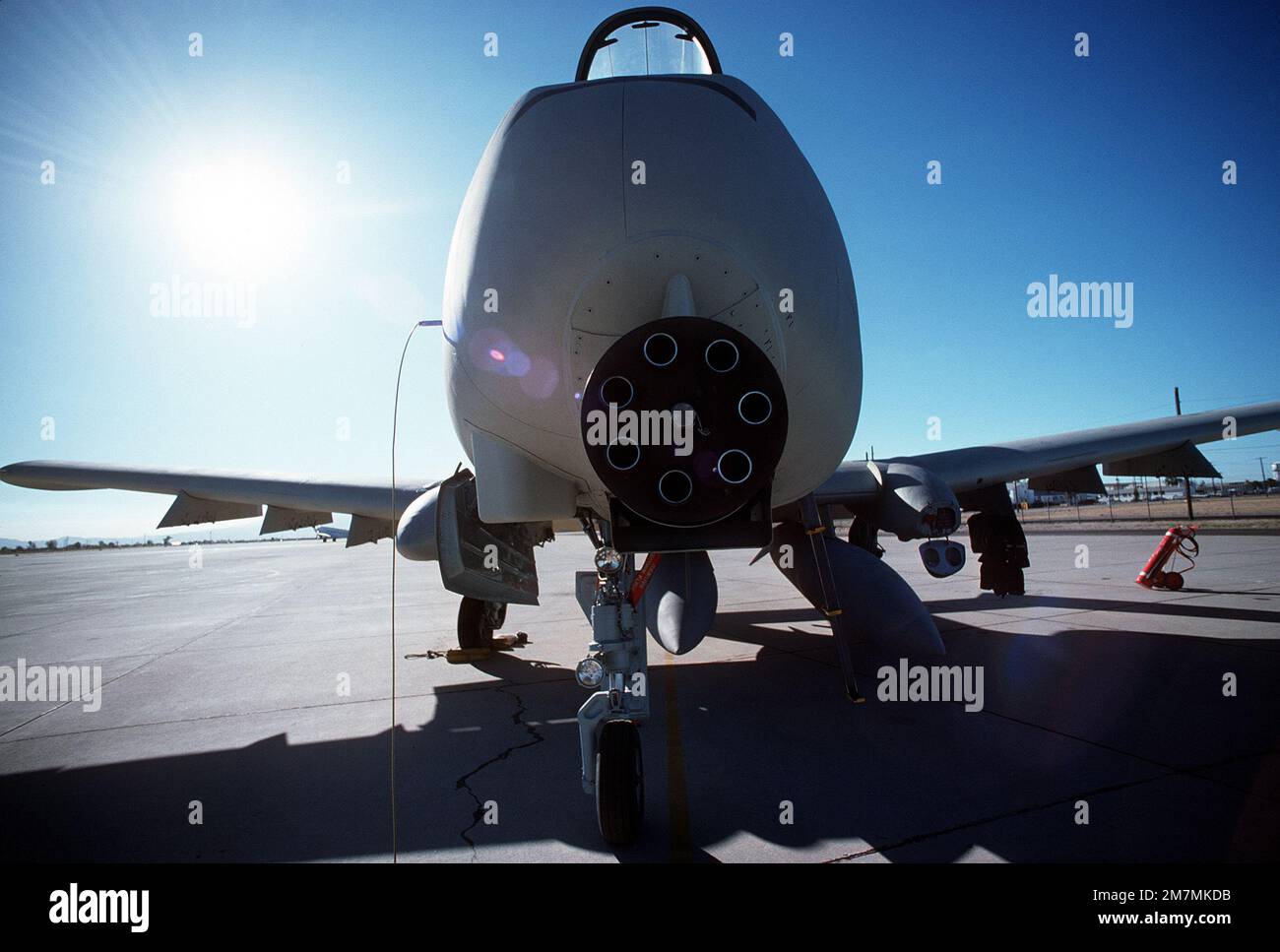 A wide-angle head-on view of an A-10 Thunderbolt II aircraft showing ...