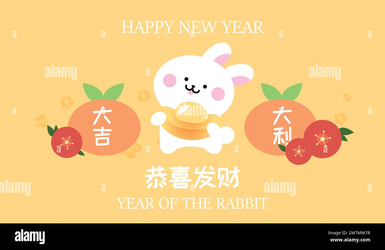 Cute rabbit with tangerines and flowers banner. Chinese new year of ...