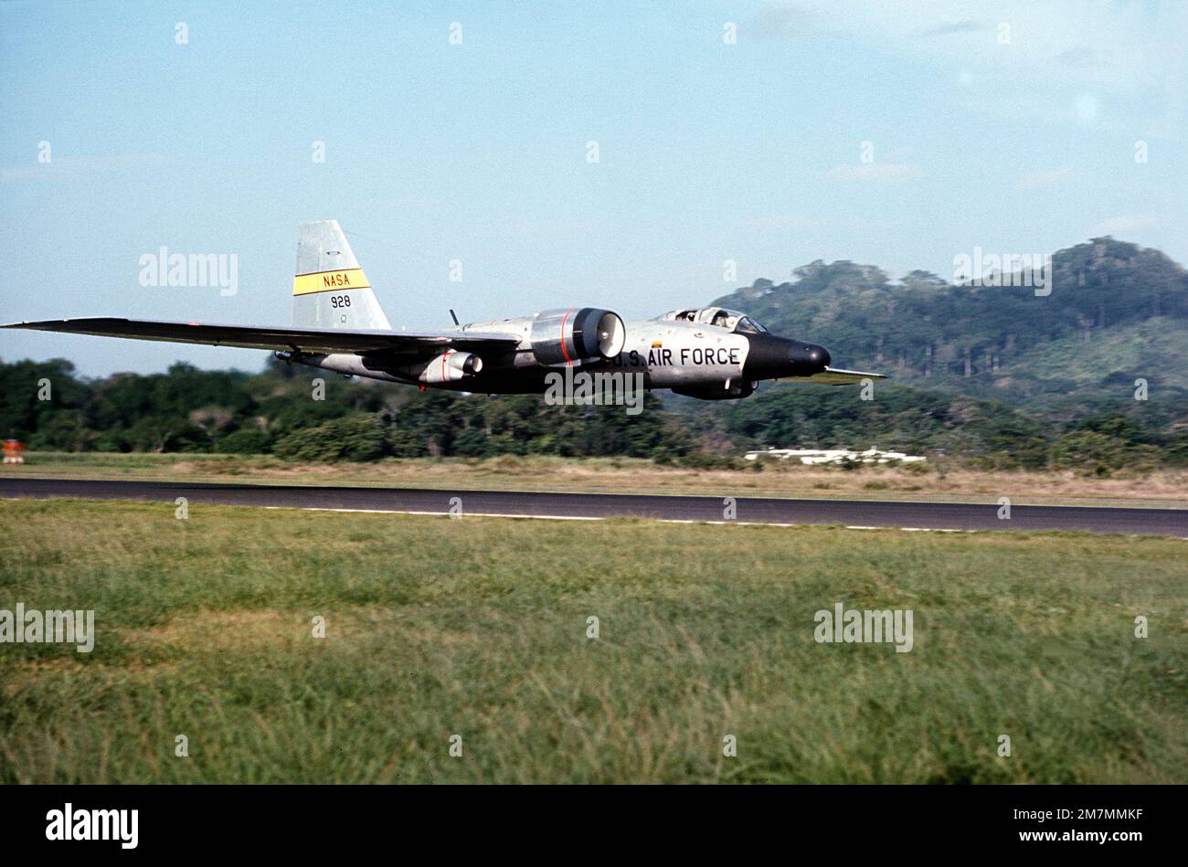 A NASA WB-57F aircraft takes off on a high altitude air-sampling ...