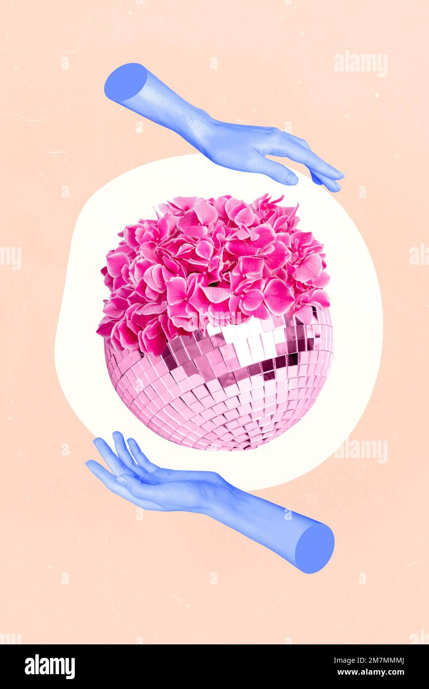 Collage photo of hands hold creative disco ball shiny party invitation ...