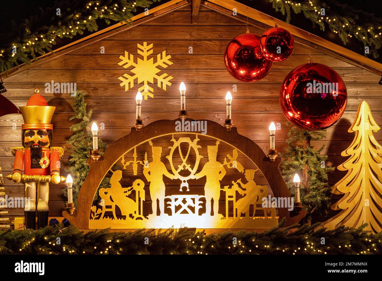 Christmas decoration with candle arch, nutcracker and Christmas tree ...