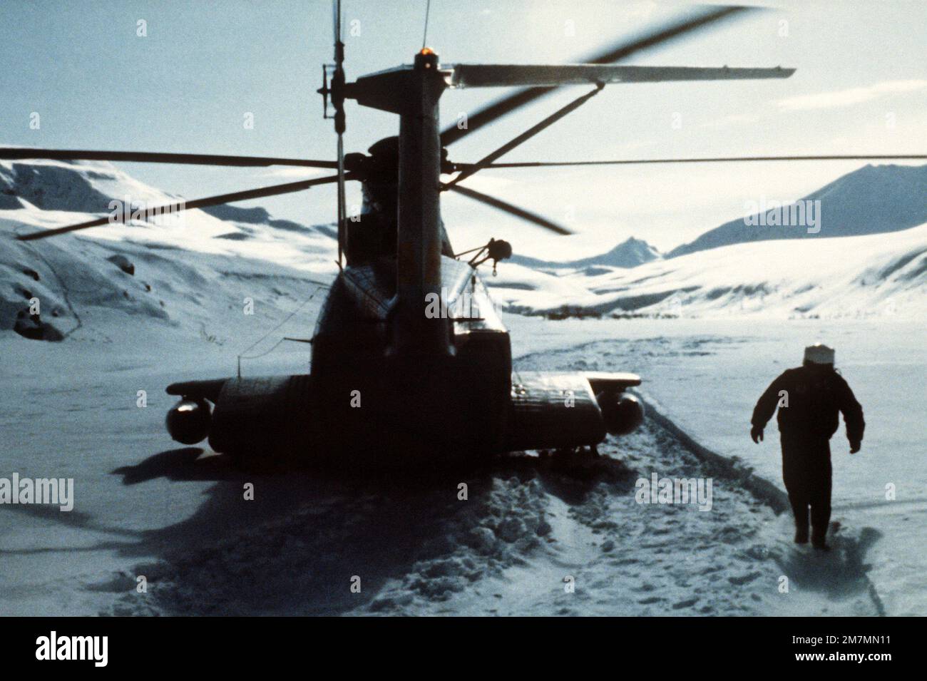 A rear view of an HH-3E Jolly Green Giant helicopter that has just ...
