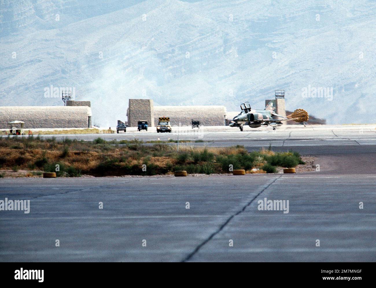 Left front view of an F-4 Phantom II aircraft, with its drag chute ...