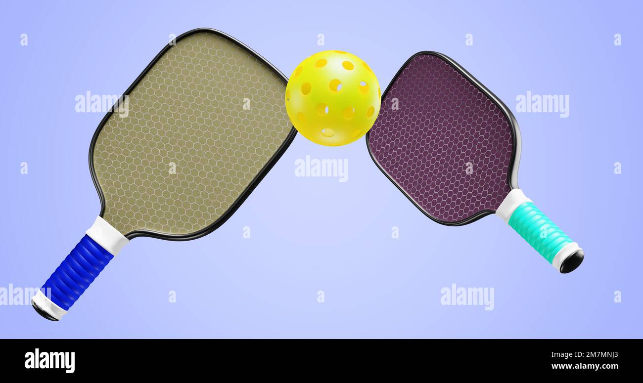 Pickleball two rackets and one ball. 3D rendering Stock Photo - Alamy