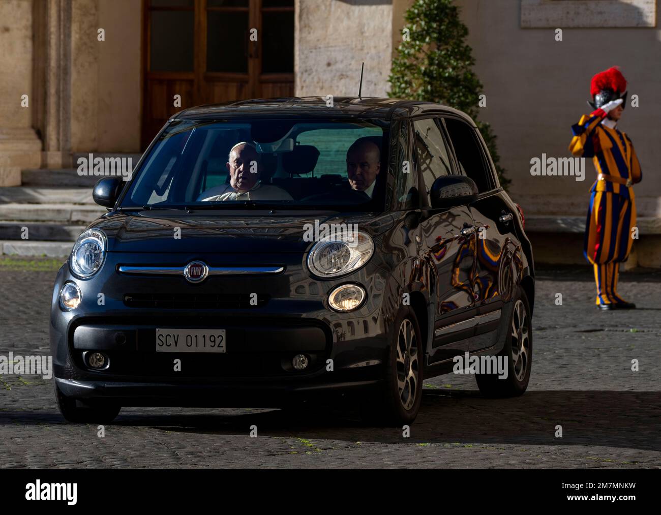 Pope Francis arrives in a car at the Apostolic Palace at The Vatican ...