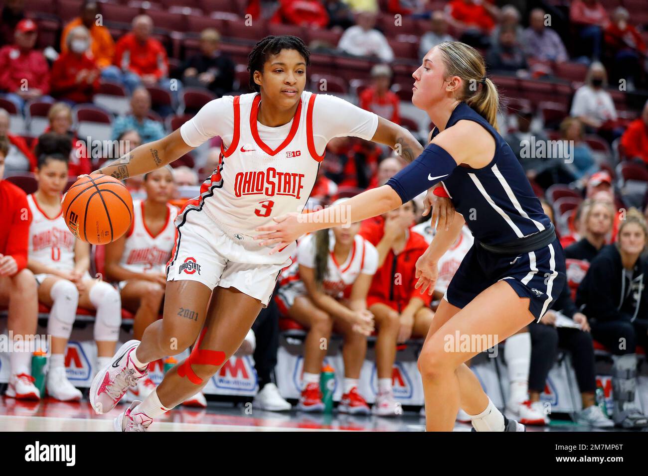 Ohio State guard Hevynne Bristow (3) dribbles the ball as New Hampshire ...