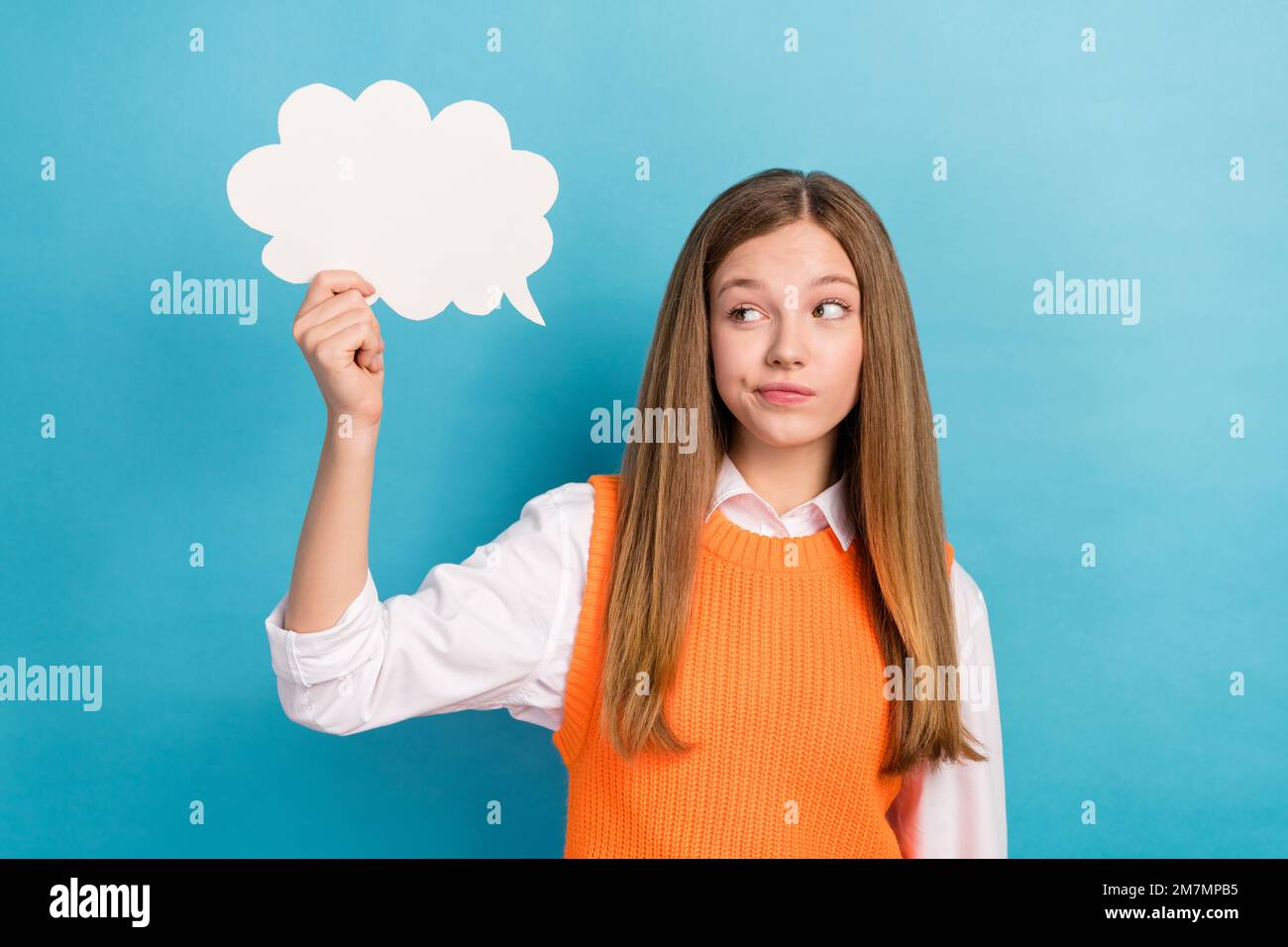 Photo of minded cute lady wear stylish clothes showing paper cloud ...