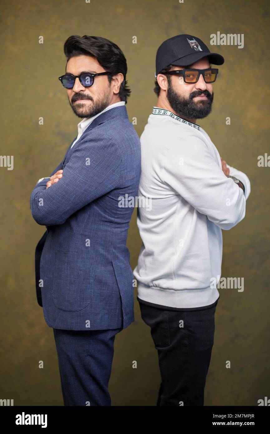 Indian actors, Ram Charan, left, and N. T. Rama Rao Jr., pose for a ...