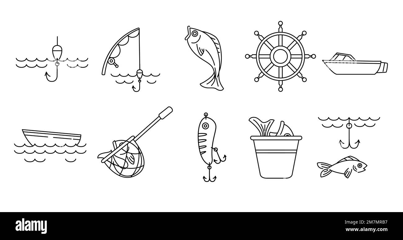 Fishing set icon outline design vector illustration on white background ...
