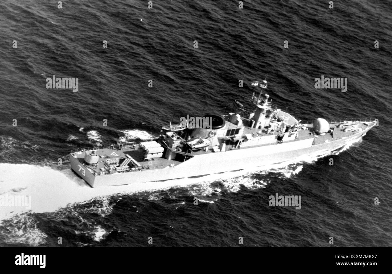 A starboard quarter view of the Iranian destroyer escort ITS ROSTAM (DE ...