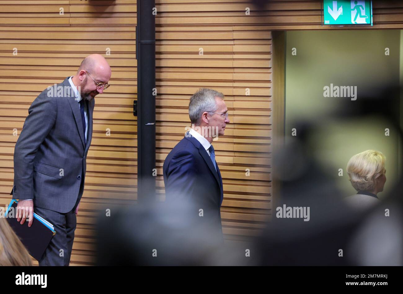 European Council President Charles Michel, left, NATO Secretary General ...