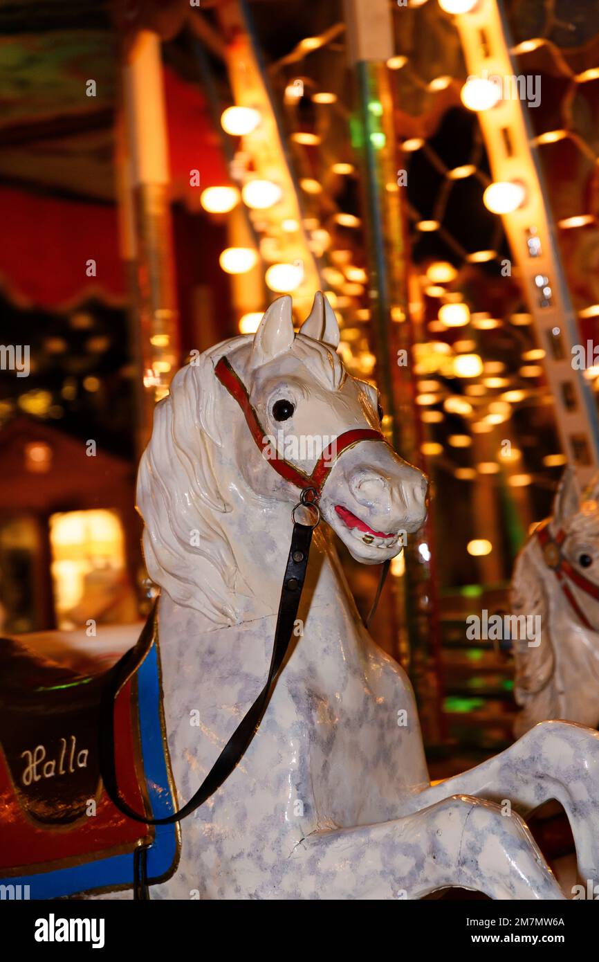 Christmas market, historical horse carousel, horse Stock Photo - Alamy