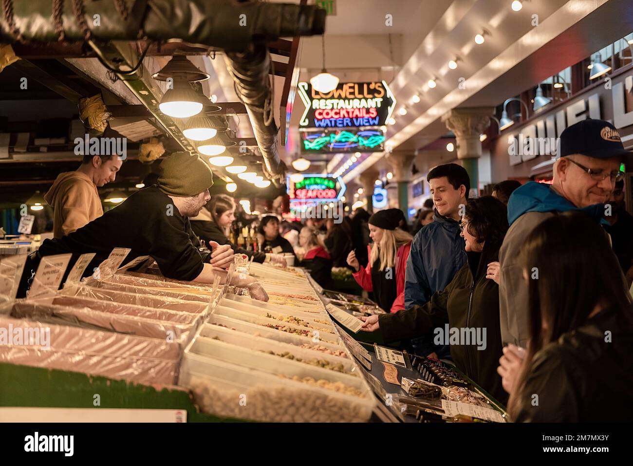 A fresh seafood stand at Pike Place Market in Seattle, Washington, USA ...