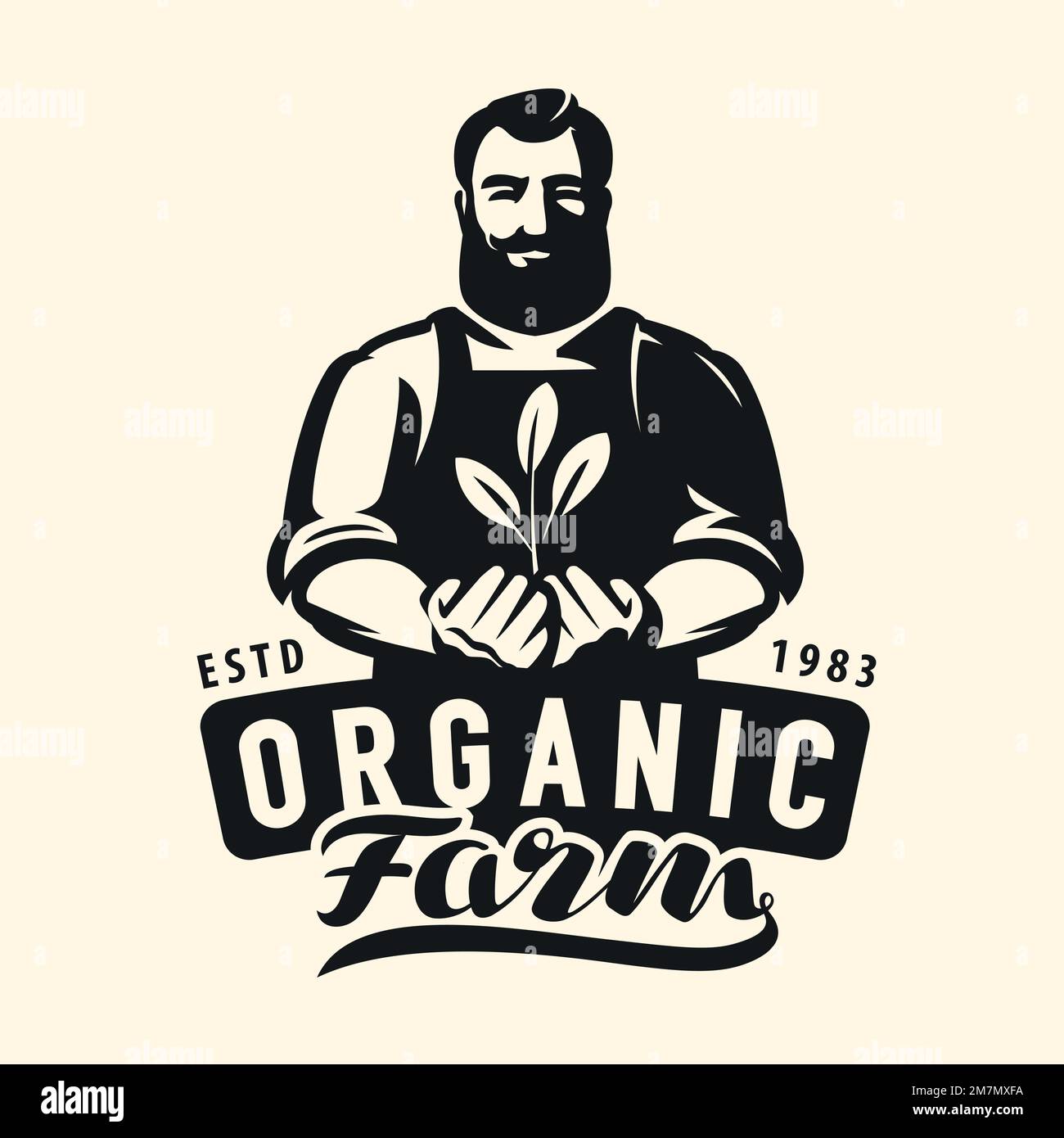 Farm, agriculture, organic food badge or emblem. Farmer holding growing ...