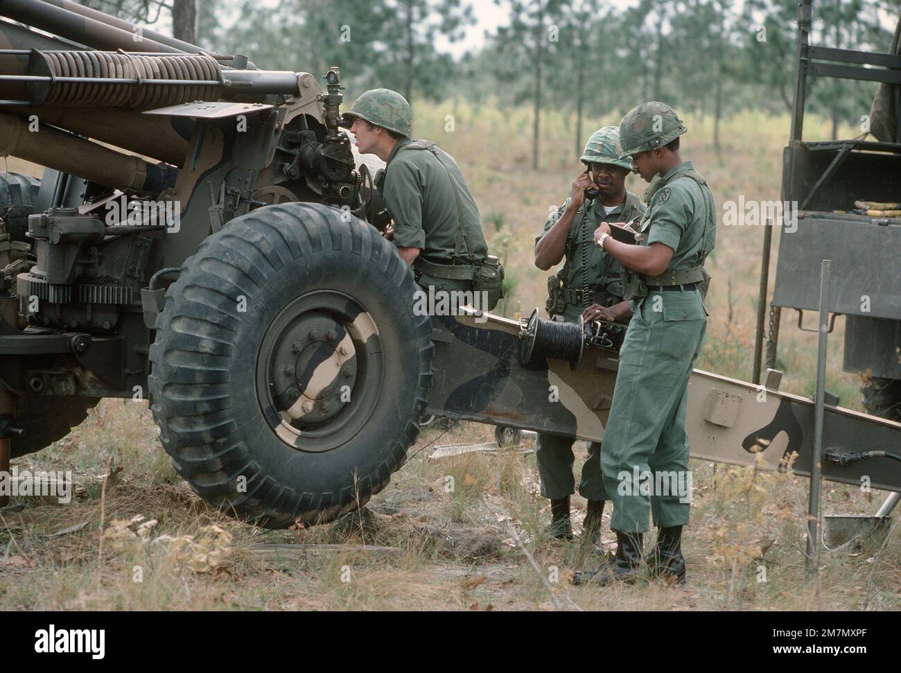 A US Army artillery crew receives firing coordinates for an M114 155 mm ...