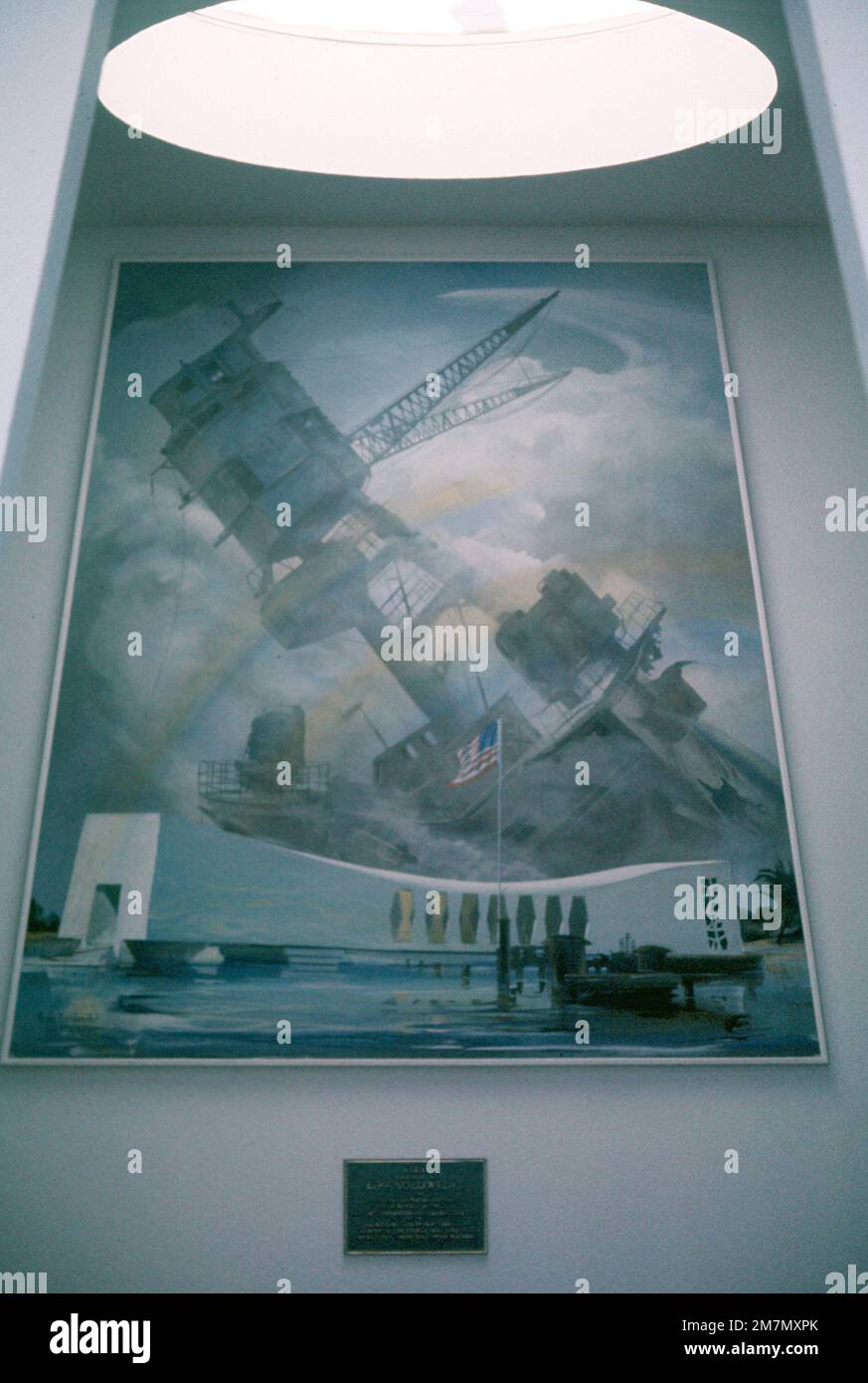 A painting inside the USS Arizona Memorial depicts the ship sinking ...