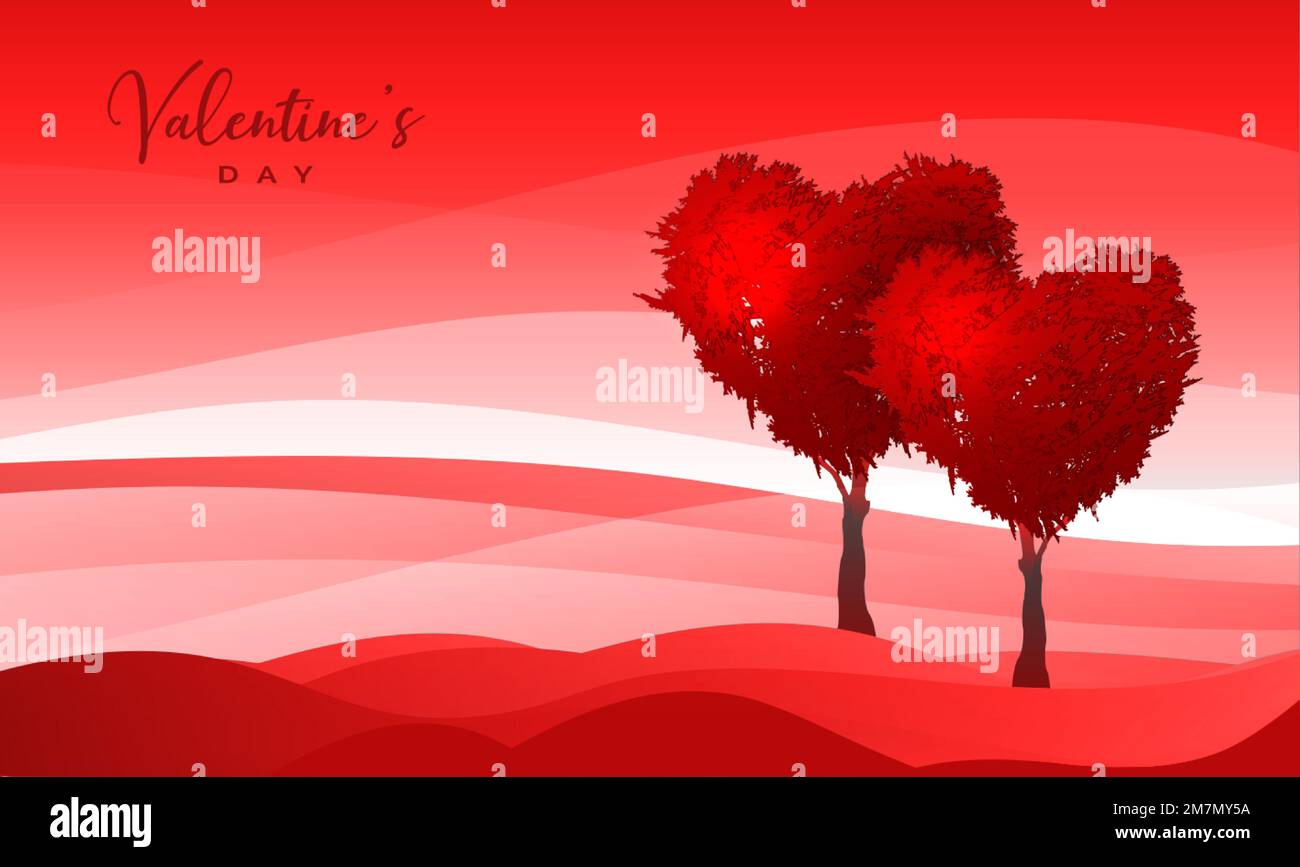 Trees in the shape of red heart, valentines day background, vector ...