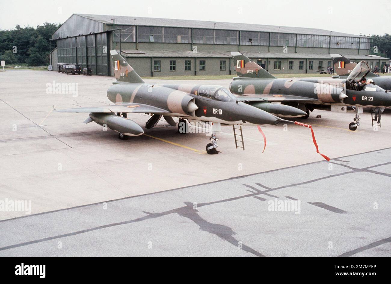 A right front view of a Belgian Mirage aircraft parked on the flight ...