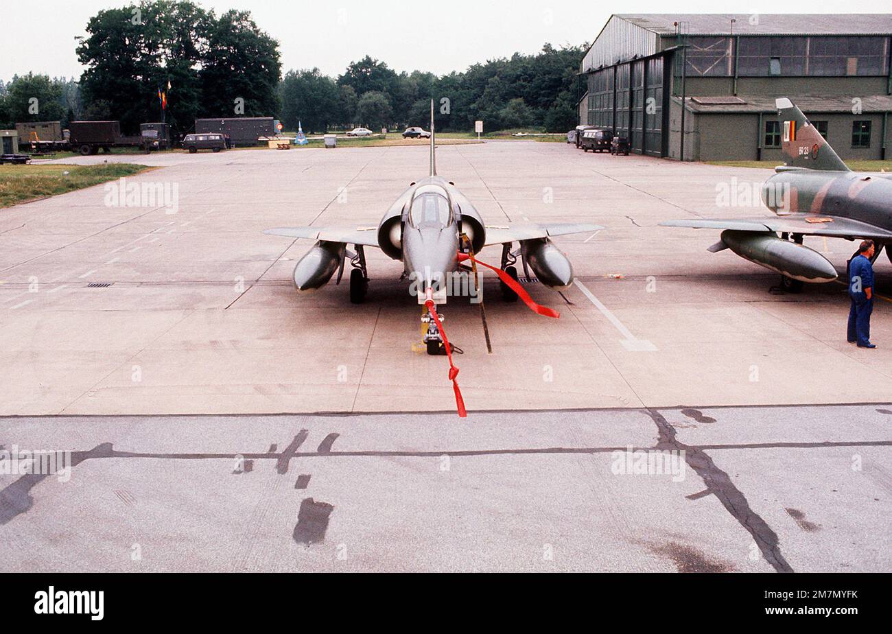 A head-on view of a Belgian Mirage aircraft parked on the flight line ...