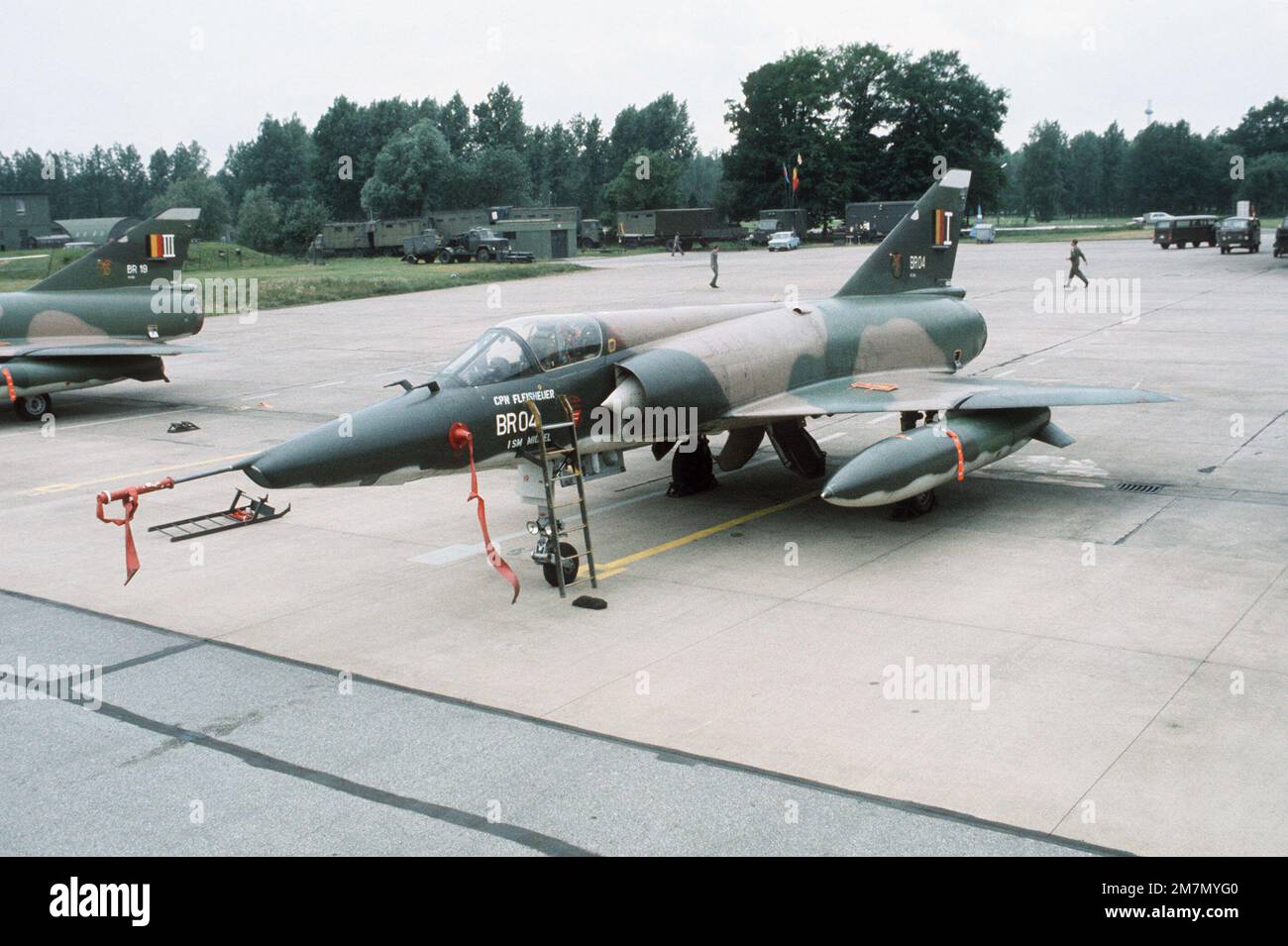 A left front view of a Belgian Mirage aircraft parked on the flight ...